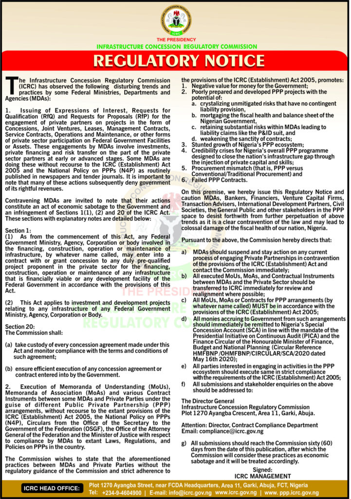 Regulatory notice to MINISTRIES, DEPARTMENTS AND AGENCIES (MDAs) AND ...