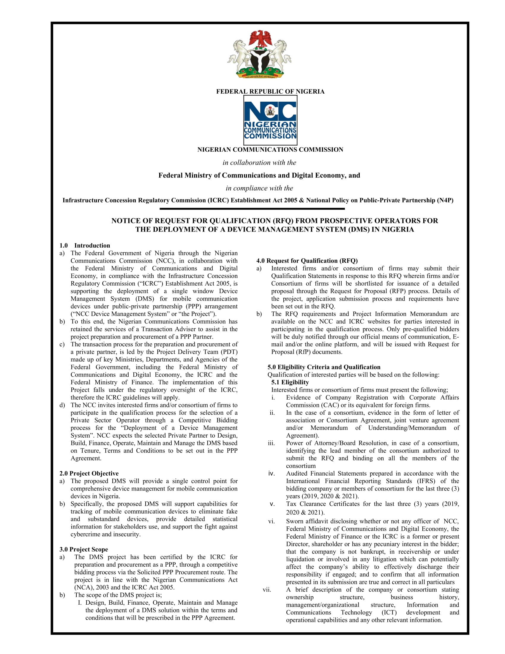 PPP: NCC issues Request For Qualification for Device Management System ...
